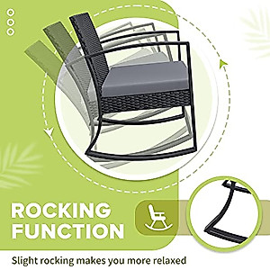 Homall 3 Pieces Patio Set Rocking Bistro Set, Patio Outdoor Furniture Porch Chairs with Cushions and Table for Poolside, Balcony, Porch and Yard (Grey)