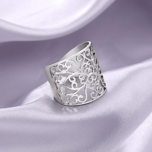 TEAMER Stainless Steel Hollow Flower Ring Boho Adjustable Open Finger Rings Fashion Jewelry Wedding Ring for Women (Flower 2-Steel Color)