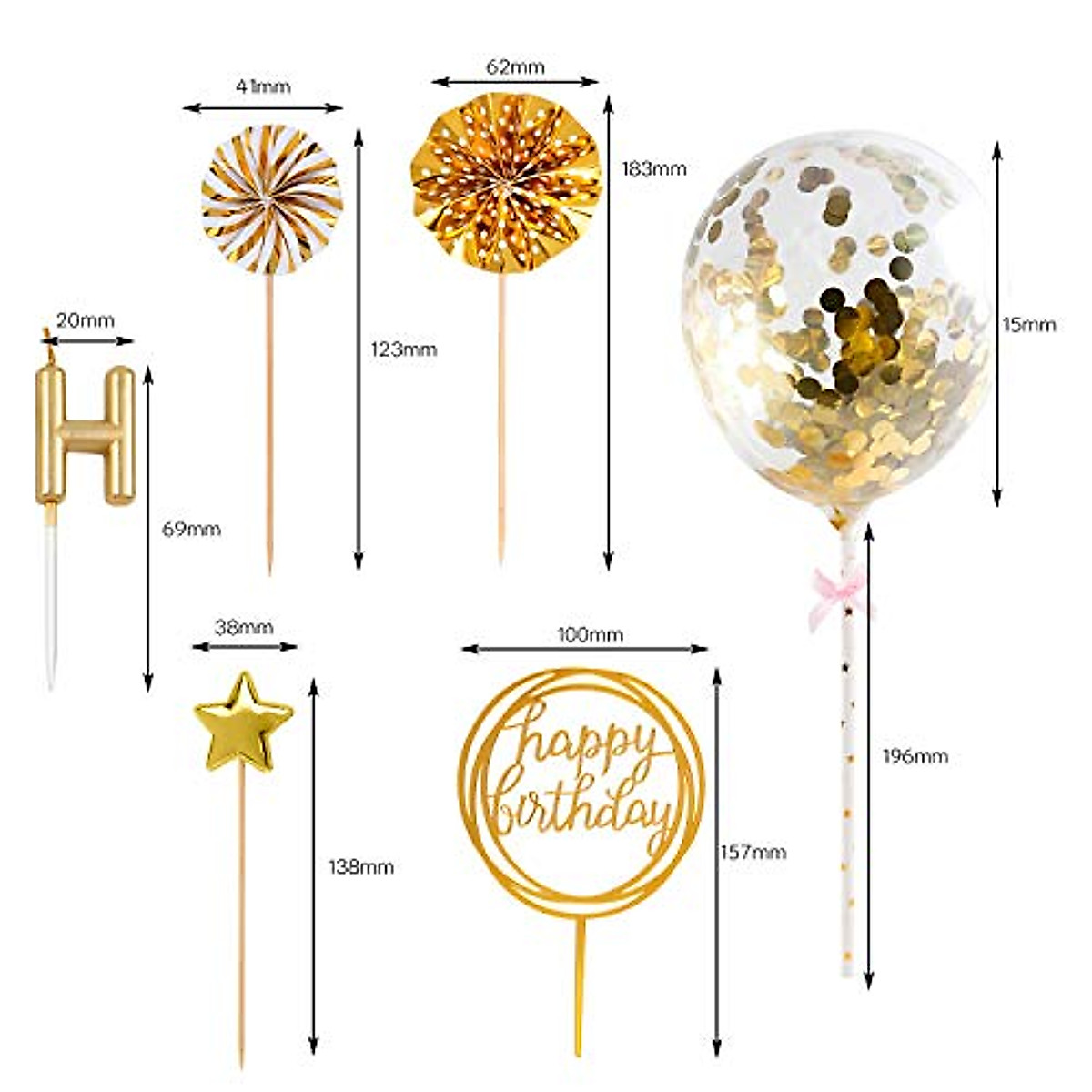 BEAN LIEVE Birthday Candles Set - Cake Topper Decoration with Cake Candles Confetti Balloon Stars and Fan Cupcake Toppers 12 Pieces Birthday Cake Decor for Birthday Party Celebration (Gold)