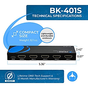 OREI 8K HDMI 2.1 Switch 4x1, Switcher UltraHD Supports Upto 4K @ 120Hz VRR, Dolby Vision, ALLM, Audio SwitchingPS5, Xbox, Gaming, Remote Contorl IR HDCP 2.3 CEC