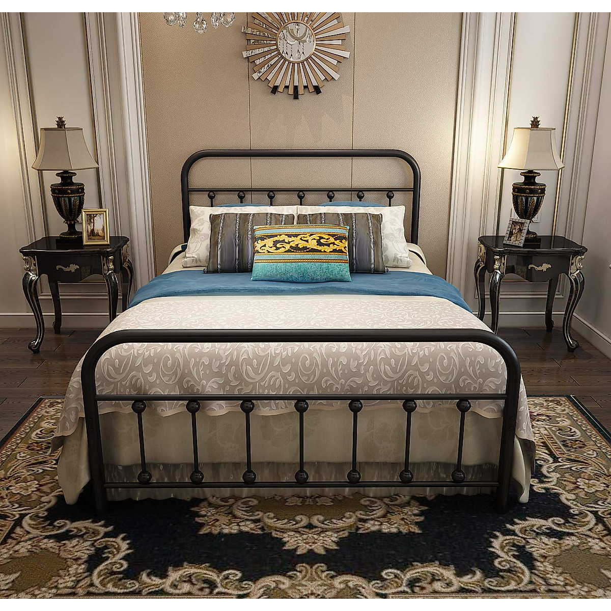 YALAXON Vintage Sturdy Full Size Metal Bed Frame with Headboard and Footboard Basic Bed Frame No Box Spring Needed，Black