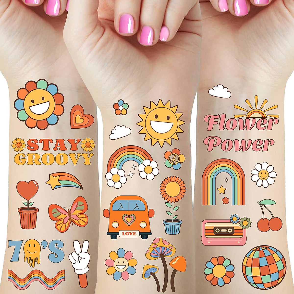 75Pcs Groovy 70s Temporary Tattoos for Kids, Hippie Tattoo Stickers, Birthday Party Favors Decorations Supplies for Boys Girls, Flower Power Good Vibes Smile Love Rainbow Arts and Crafts