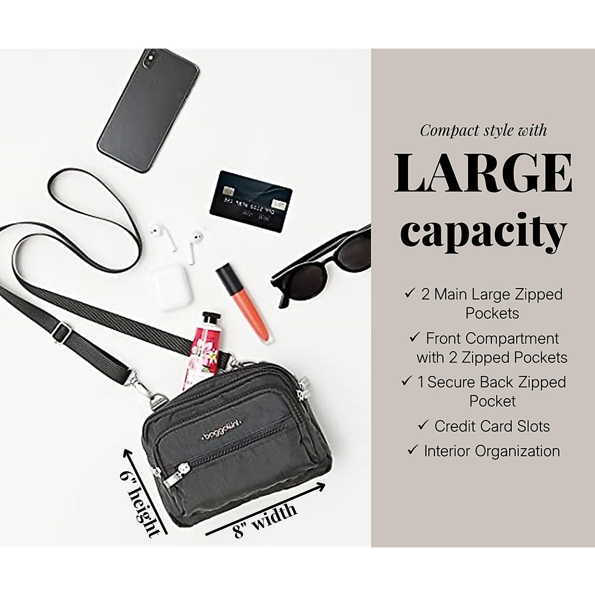 Baggallini Womens Crossbody Triple Zip Bagg cross body handbags, Silver Metallic Quilt, One Size US