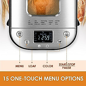 Kitchen in the box Bread Maker Machine with Gluten-Free Setting, 2LB 1.5LB 1LB Automatic Breadmaker with Homemade Cycle, 15-in-1 Stainless Steel Bread Maker with Recipes-Silver
