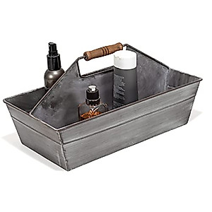 Red Co. 15” x 7.5” Galvanized Metal Storage Carry-All Tote Caddy Tray with Wooden Handle, Large