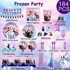 Frozen Birthday Party Decorations,184pcs Frozen Birthday Decorations&Tableware Set - Frozen Party Plates Cups Napkins Cake Toppers Tablecloth Balloons Banner etc Frozen Party Decorations for Girls