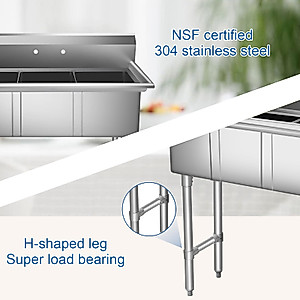 HARDURA Stainless Steel Kitchen Sink With 3 Compartments, Commercial Sink Freestanding NSF Certified Utility Basin 10" L X 14" W X 10" D Bowl For Kitchen & Restaurant, Laundry Room