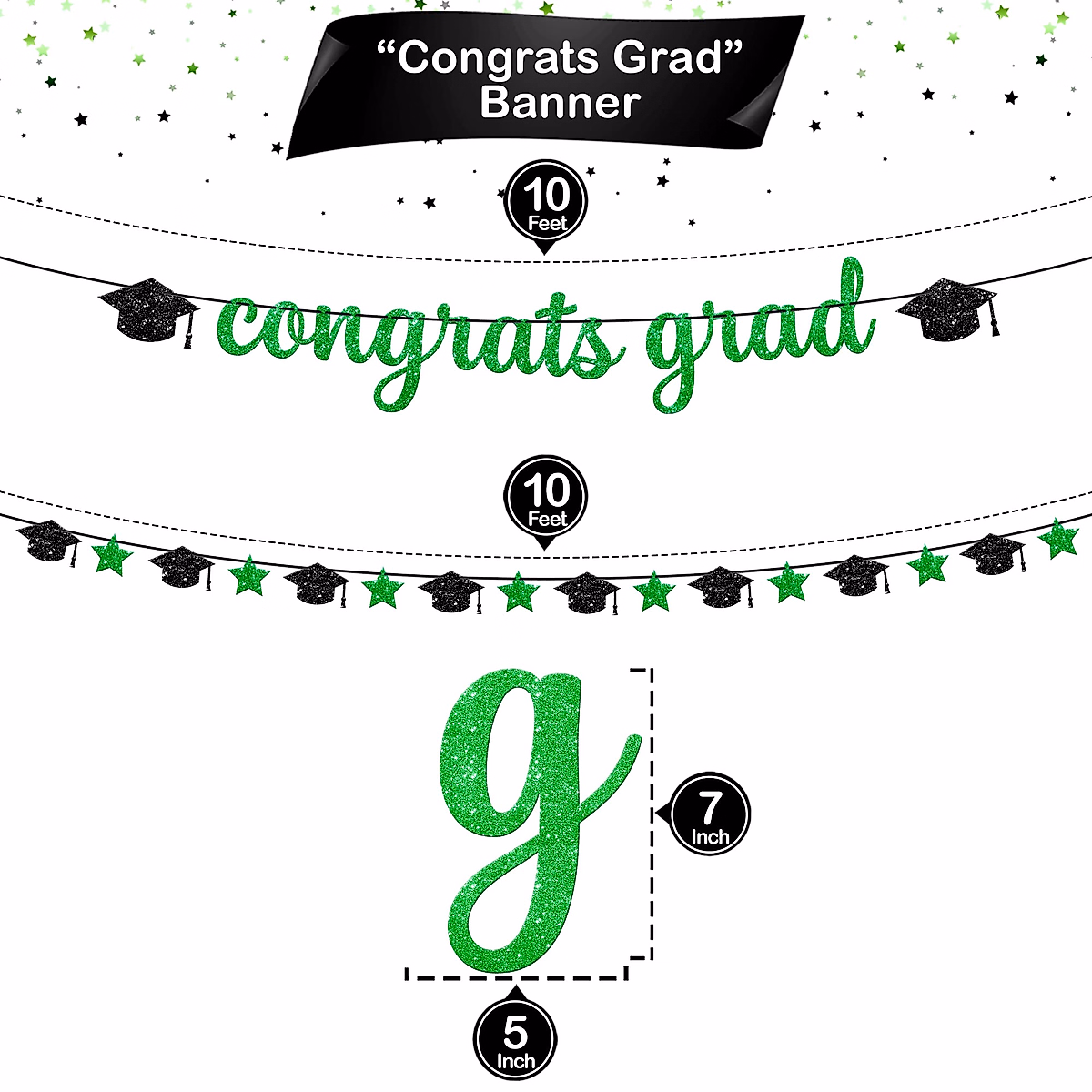 46 Pieces, XtraLarge Graduation Hanging Decorations - No DIY, Green Graduation Swirls | Glitter Congrats Grad Banner - 10 Feet | Green and Gold Graduation Decorations 2022 | Congratulations Banner