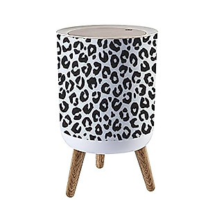 Small Trash Can with Lid Seamless Leopard Fur Fashionable Wild Leopard Print Modern Panther Wood Legs Press Cover Garbage Bin Round Simple Human Waste Bin Wastebasket for Kitchen Bathroom Office