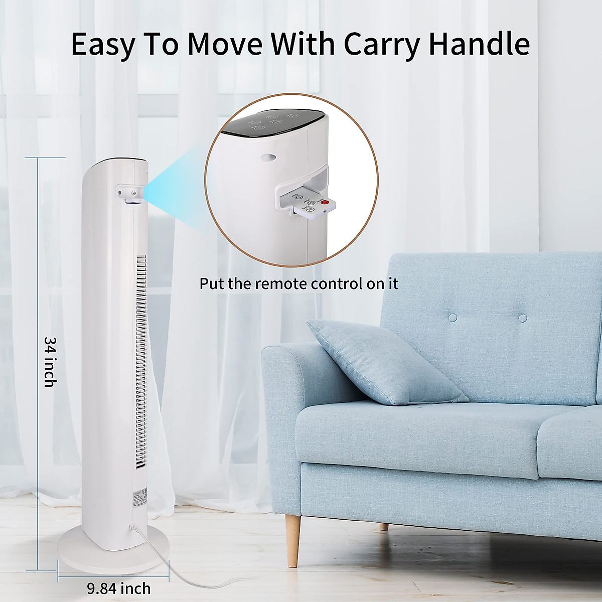 CUUD Oscillating Tower Fan Powerful Cooling Fan with Remote Control Electric Portable Standing Bladeless Floor Fan with 3 Wind Speeds,Timer, LED Display for Bedroom Kitchen Office (34inch, White)