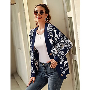 Cowasto Women's Reindeer Knitted Christmas Cardigan Sweater Comfy Button Up Casual Open Front Festive Sweaters Navy Blue X-Large