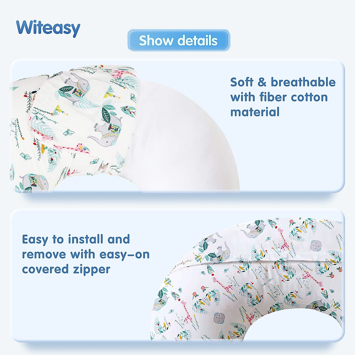 Witeasy Breastfeeding Pillows, Baby Feeding Pillow for Breast Feeding & Bottle Feeding, Nursing Pillow with Removable Cotton Cover, Machine Washable (Elephant-1)…