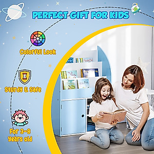 Qaba Bookshelf, Multi-Purpose Kids Toy Storage Organizer for Preschool & Early Reading, Kids Bookcase with Cabinet, Childrens Bookshelf, Book Organizer Kids Playroom Furniture, Ages 3-8, Blue