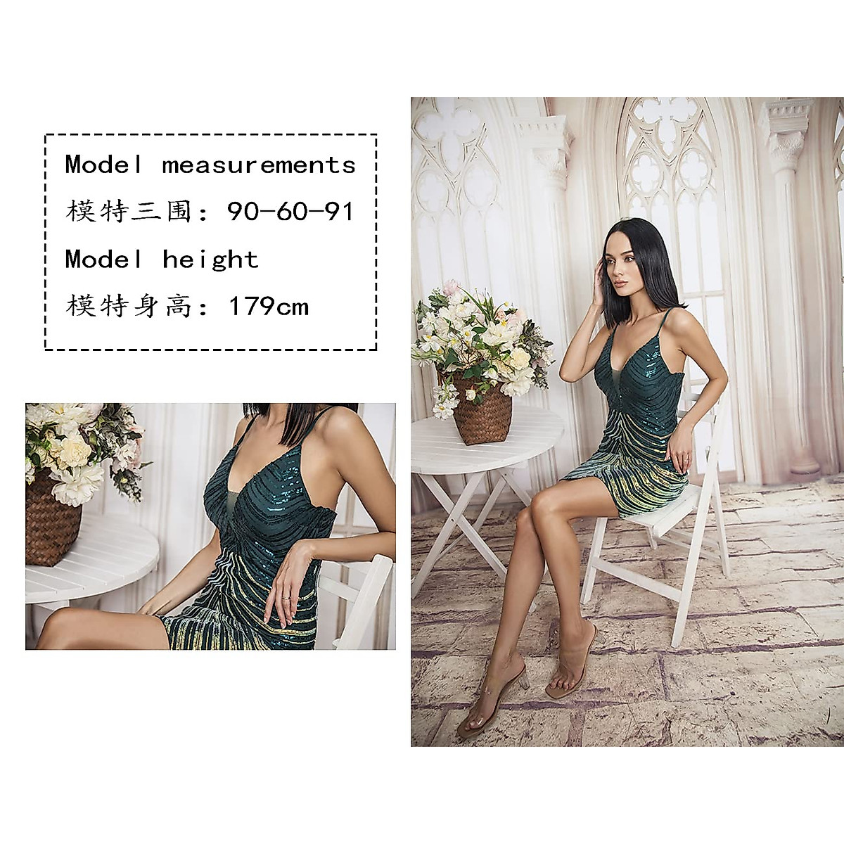 ZRSGXG Women's Sequin V-Neck Evening Dress Suspender Cocktail Mini Evening Dress(Green,X-Large)