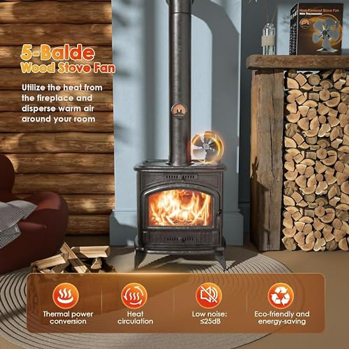 LESHP Heat Powered Fan 5 Blades Wood Stove Fan Fireplace Fan,Heat Powered Stove Fan for Wood Burning Stove/Log Burner/Fireplace/Buddy Heater/Wood Stove Accessories