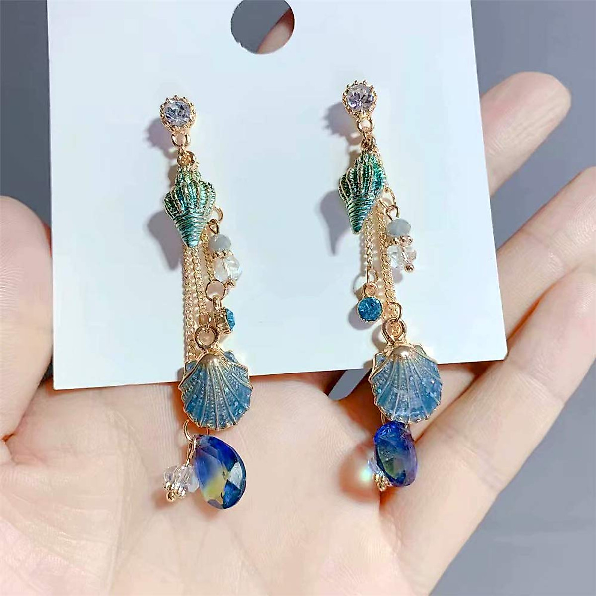 DAMLENG Sparkly Bohemia Long Tassel Blue Ocean Shell Dangle Earrings Shine Rhinestone Scallop Beach Earrings for Women Charm Statement Colorful Crystal Jewelry (Blue)