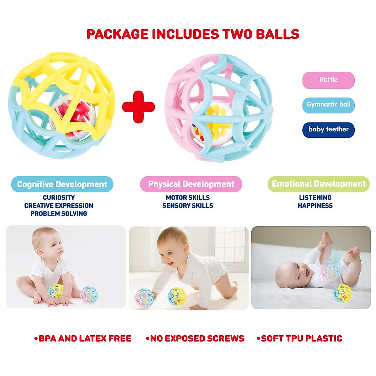Play Ball Baby for Toddlers | 2 Outer Plus 2 Inner Balls | Rattles and Rolls for Double The Fun | Safe for Any Age