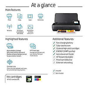 HP OfficeJet 250 All-in-One Portable Printer with Wireless & Mobile Printing, Works with Alexa (CZ992A) Black
