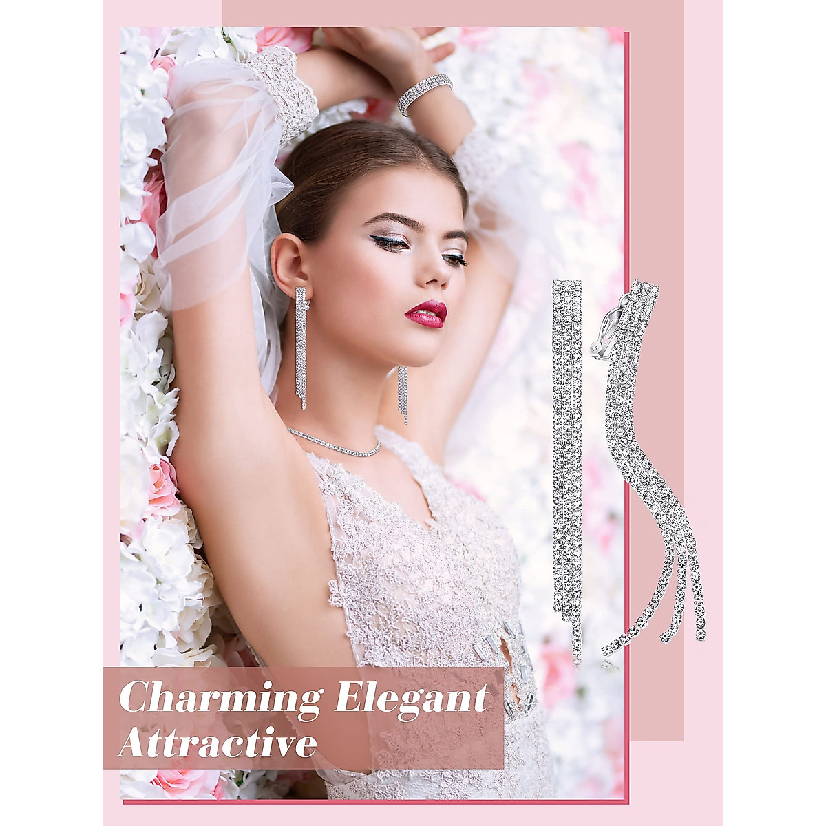 MTLEE Women Clutch Rhinestone Jewelry Set 4 Pieces Bridal Wedding Choker Bracelet Dangle Earrings Triangle Bling Glitter Purse for Party (Silver)