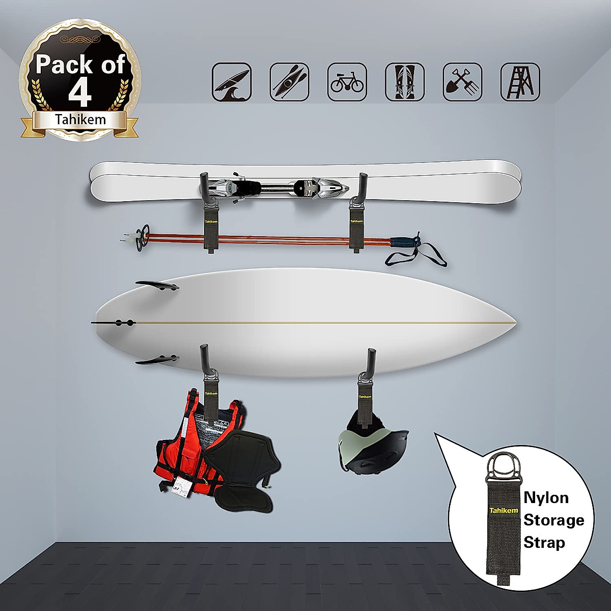 Tahikem 4 Pcs Kayak Rack Wall Mount, Canoe Hanger Hooks, Kayak Storage Hook, Garage Hanger Ladder Brackets, for Hanging Outdoor Beach Folding Chair Bicycle Surfboard Snowboard Paddle Board - Black