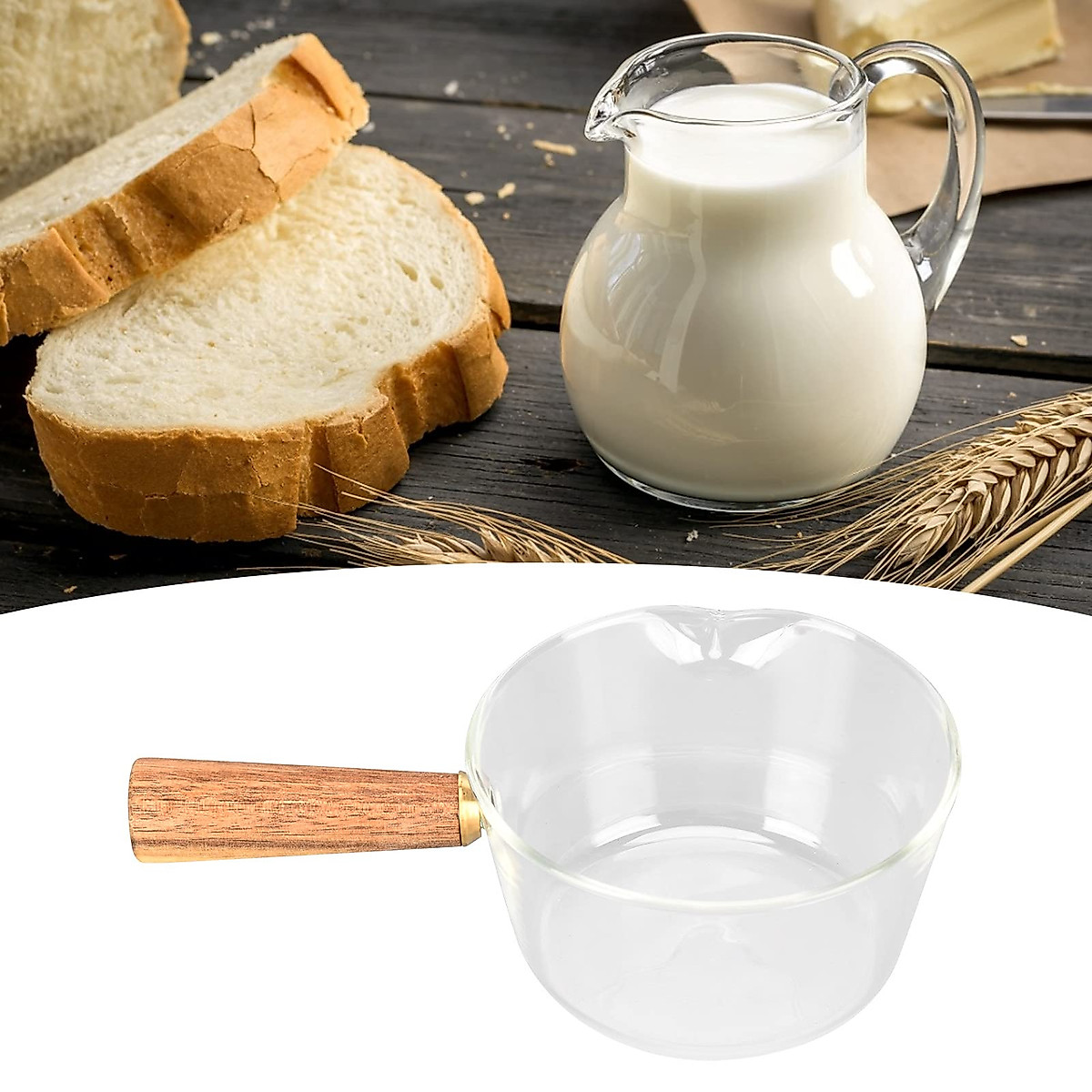 Glass Milk Pot with Wooden Handle, Small Saucepan with V Shaped Spout, Exquisite Workmanship Milk Boiling Pot Multifunction Cooking Utensil for Hot Milk, Salads, Noodles (Small)