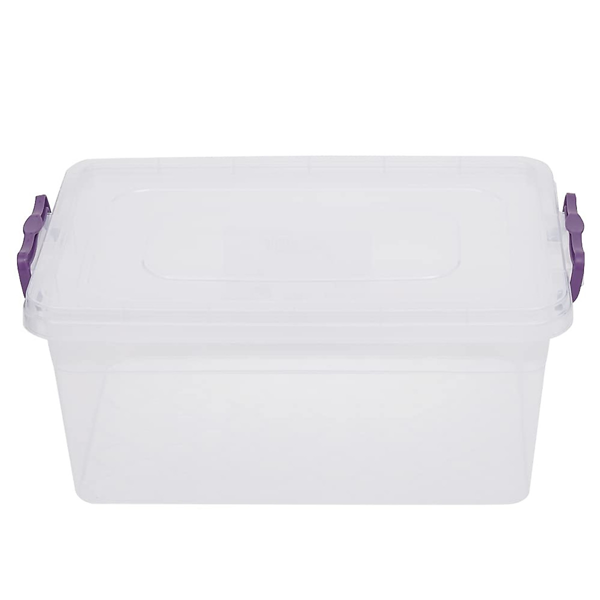 Home Basics Plastic Storage Box with Locking Lid, Clear | Durable Latches for Secure Closure | Purple Handles (7.5 liter)