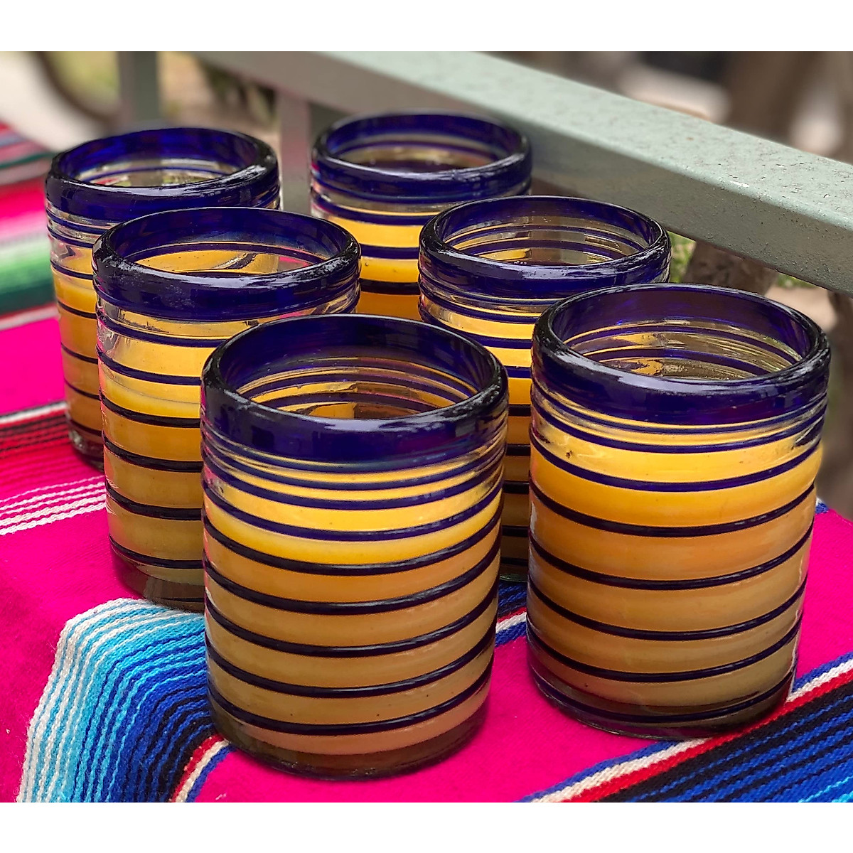 Hand Blown Mexican Drinking Glasses – Set of 6 Tumbler Glasses with Blue Spiral Design (10 oz each) …