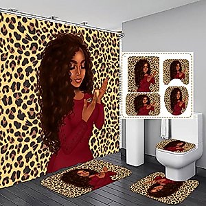 Classic African American Shower Curtains for Bathroom, Bathroom Sets with Shower Curtain and Rugs, Toilet Lid Cover Bath Mat, 4PCS Black Girl Leopard Print Bathroom Accessories (Yellow)