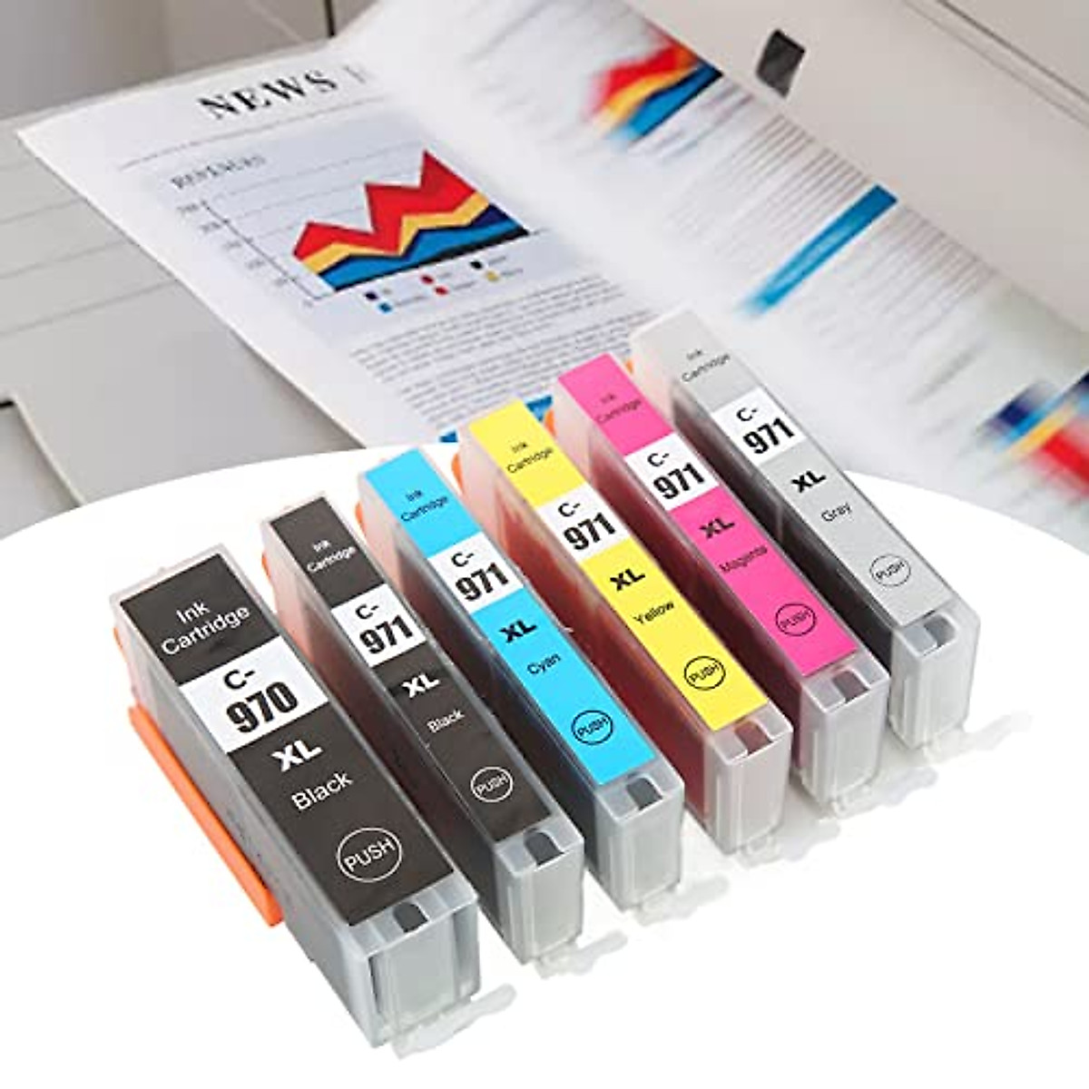 FTVOGUE 970‑971 Multi Colors Ink Cartridge Replacement Inkjet Printer Cartridges for PIXMA MG5790 MG5795 (BK BK C M Y GY 6 Colors)