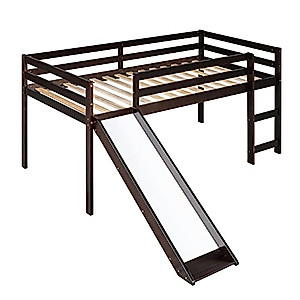 LostCat Twin Loft Bed with Slide, Low Loft Bed with Stairs and Chalkboard, Wood Twin Bed Frame for Kids with Slide, Space-Saving Wooden Child Bed Frame for Boys or Girls, Espresso