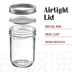 [ 6 Pack] 16 oz. Wide-Mouth Glass Mason Jars with Metal Airtight Lids and Bands for 1 Pint Canning, Preserving, & Meal Prep