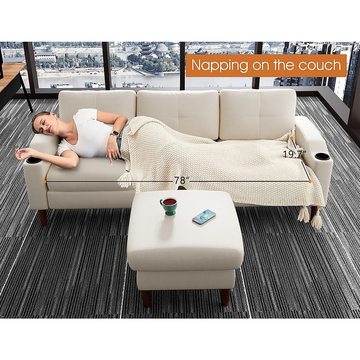 AILIUHUA L-Shaped Lounge Sectional Sofa for Living Room, 78 inch 3 Seater Comfort Couches with USB Charge & Cupholder, Washable and Removable Upholstered for Apartment and Office, Beige