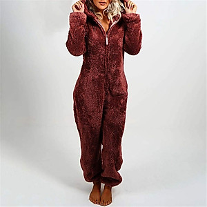 Aniywn Women Valentine's Day Onesie Pajamas Long Sleeve Open Back Furry Adult Pajamas Jumpsuit Bodysuit Playsuit Romper