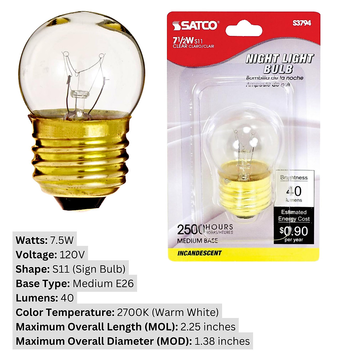 Satco S3794 7.5 Watt S11 Incandescent Bulb – Clear, Medium Base, 2700K Warm White, 40 Lumens - 20 Pack