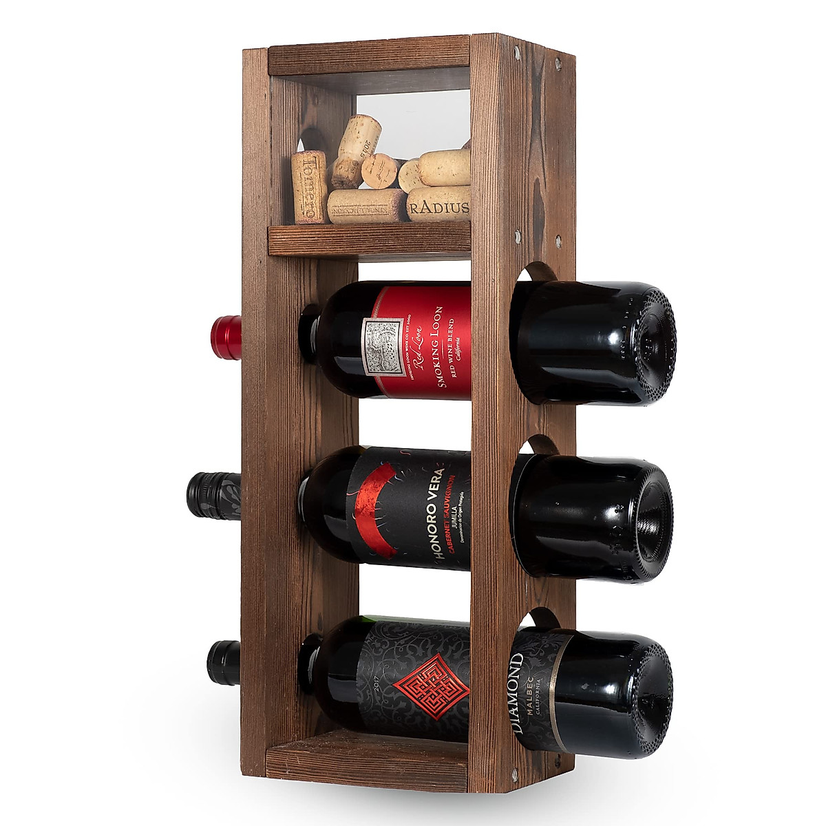 Rustic State Sonoma Countertop Wood Vertical Wine Rack with Cork Storage - Freestanding Tabletop Liquor Holder Shelf Organizer - Holds 3 Bottles - Home Kitchen Dining Room Bar Décor - Burnt Brown