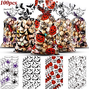 100 Pieces Halloween Cello Bags Trick or Treat Cellophane Favor Bag Black Clear Candy Goodie Treat Bags with 200 Orange and Silver Twist Ties for Kids Halloween Party Decorations, 4 Assorted Styles