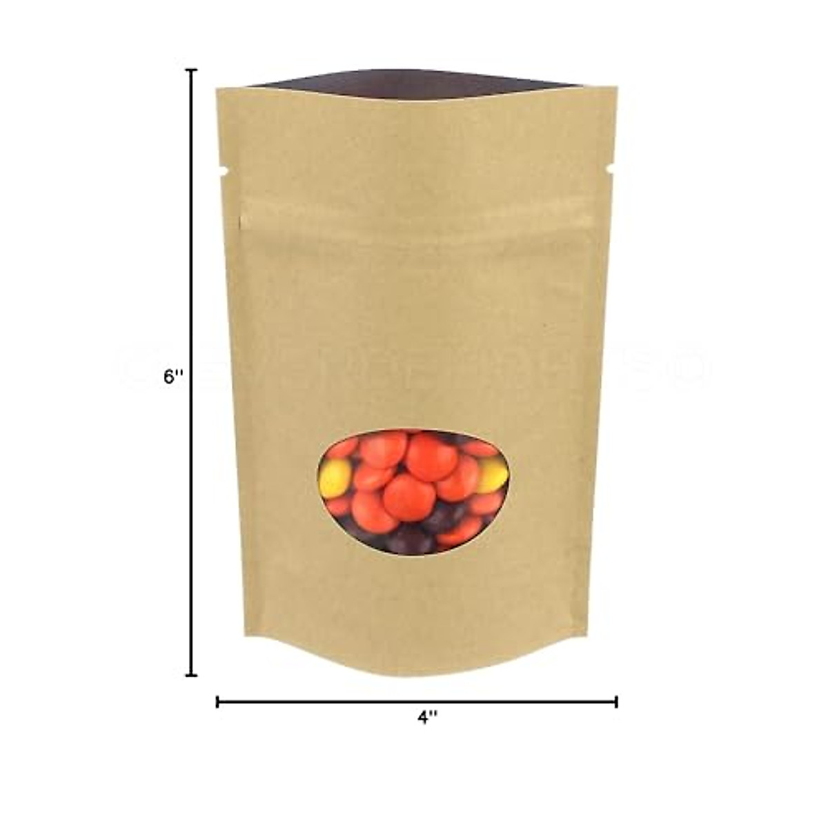CleverDelights Kraft Window Stand Up Pouches - 2oz - 100 Pack - 4" x 6" x 2" - Resealable Bag
