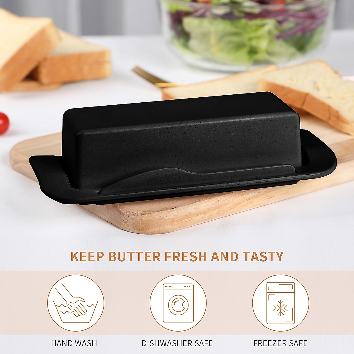 ECOWAY Bamboo Butter Dish with Lid and Knife,Small Butter Keeper for One Stick of Butter,Butter Holder Container for Refrigerator,Countertop,Dishwasher Safe Butter Crock for Kitchen & Fridge,Black
