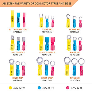 Wirefy Heat Shrink Wire Connectors Kit - a Resistant Electrical Connectors - Automotive Butt Connectors - Insulated Ring, Spade, Fork, Hook Crimp Terminals - 22-10 Gauge - 270 PCS