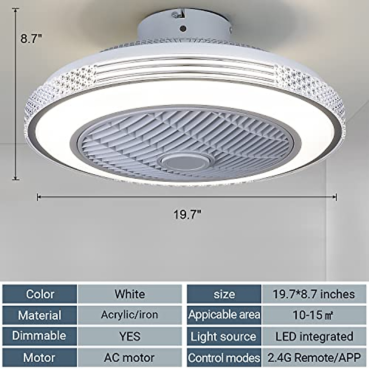 MADSHNE 20" Modern Low Profile Ceiling Fans with Lights and Remote, Flush Mount Bladeless Ceiling Fans with Dimmable LED, Small White Enclosed Bedroom Ceiling Fans