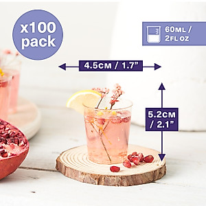 MATANA 100 Pack Clear Plastic Shot Glasses Gold Glitter 2 Oz - Sturdy & Reusable - Jello & Tequila Shots, Sample Tasting Cups - Birthdays, Weddings, Christmas, BBQ, Parties