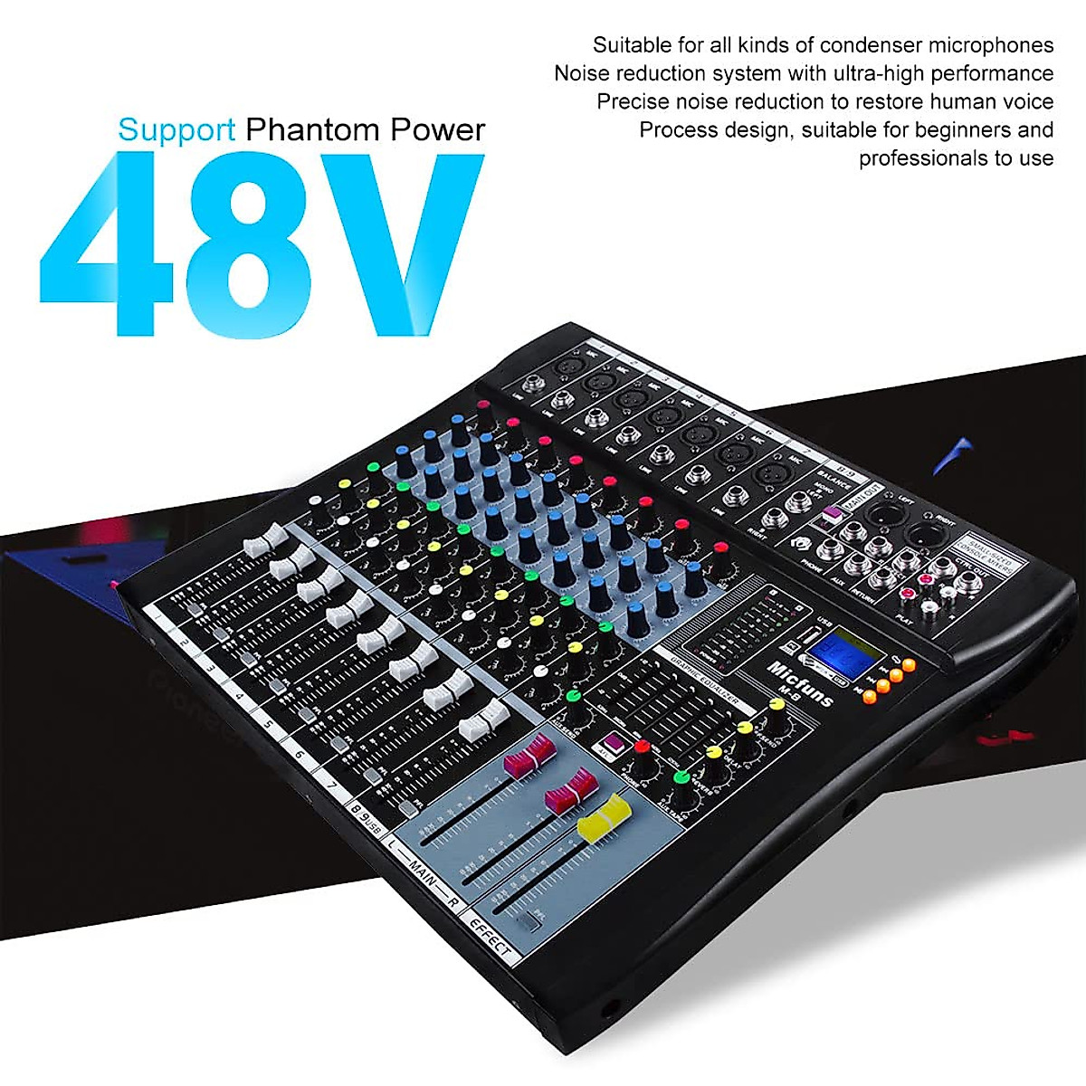 DJ Console Mixer Micfuns 8 Channel with Sound Board USB Bluetooth Audio Interface 48V Phantom Power Mixer Use for DJ Studio PC Recording Singing Webcast Party