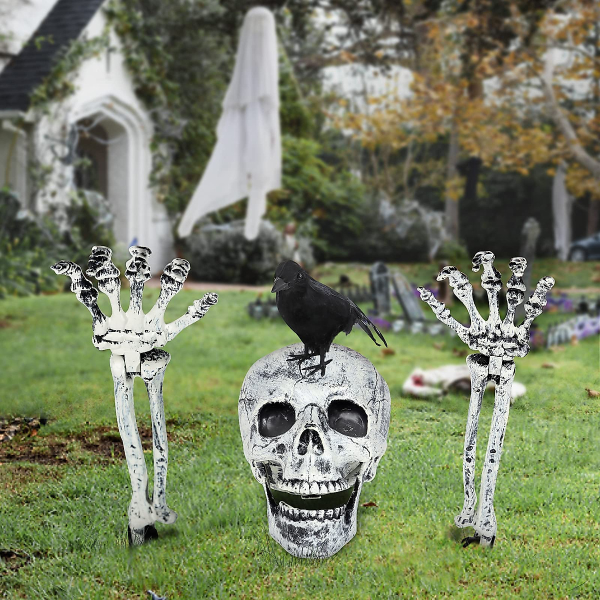 Skeleton Stakes with Crows - Scary Outdoor Halloween Yard Lawn Decorations, Groundbreakers for Skull Garden Graveyard Decor