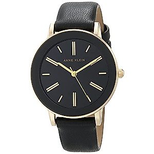 Anne Klein Women's Japanese Quartz Dress Watch with Faux Leather Strap, Black, 16 (Model: AK/3818GPBK)