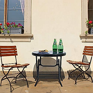 MFSTUDIO Patio Side Table, Folding Portable Round Bistro Coffee Table, Tempered Glass Metal End Table, Plant Stand for Indoor & Outdoor Garden Backyard Lawn Poolside, 18 inch Pattern Blue