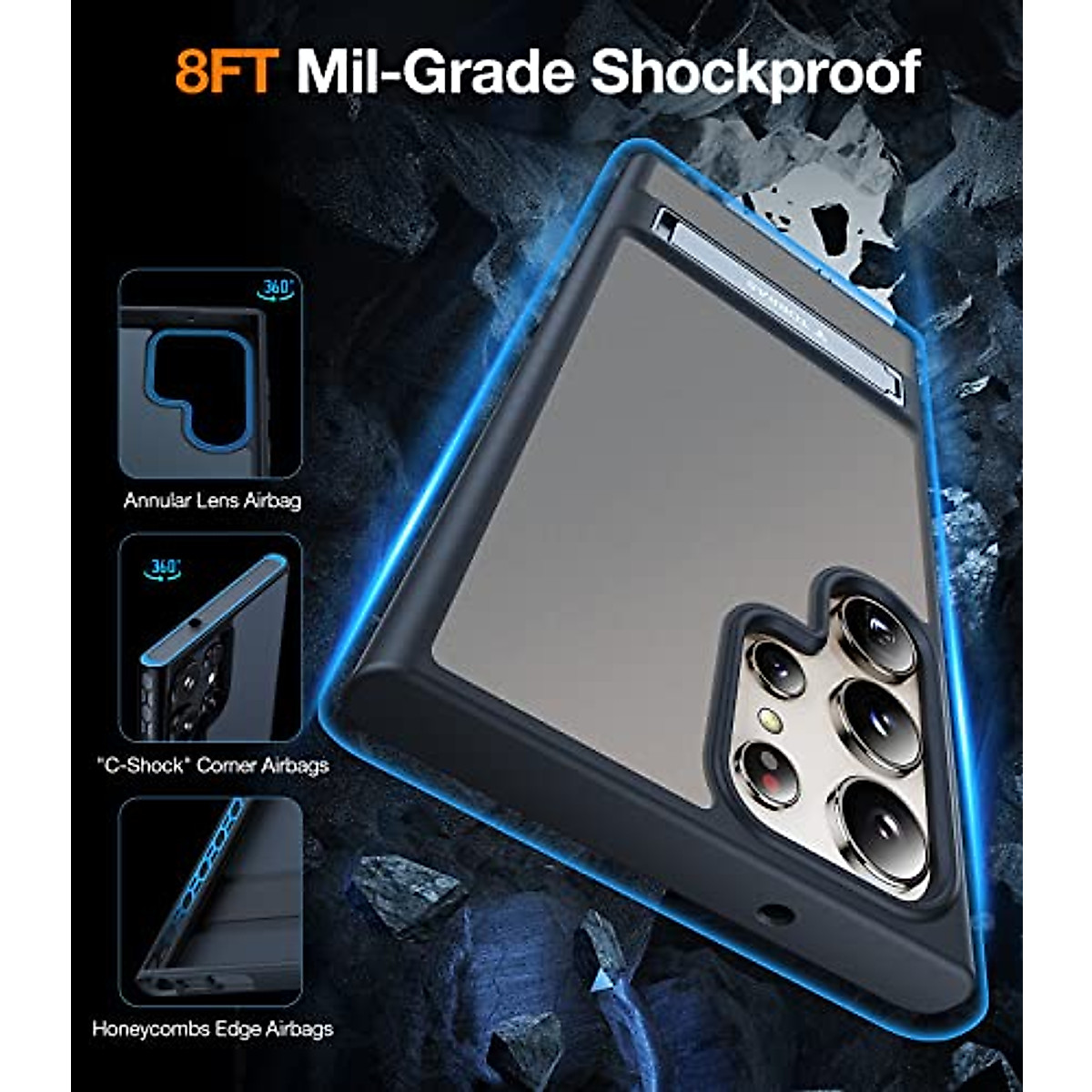 TORRAS MarsClimber Case for Samsung Galaxy S23 Ultra Case with Kickstand, [3-Way Sturdy Kickstand] [10 FT MIL-Grade Shockproof] Translucent Slim Case for Samsung S23 Ultra Phone Case, Phantom Black