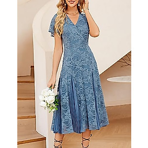 Women's Lace Formal Dress Elegant Classy Pleated A Line Fit and Flare Midi Dresses Blue