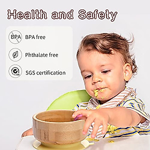 Baby Bamboo Bowls with Suction and Matching Spoon Set - 2PC Feeding Supplies Set for Infant, Toddlers - Detachable Silicone Suction Stay Put Base for Wooden Bowl - BPA Free （Marble）