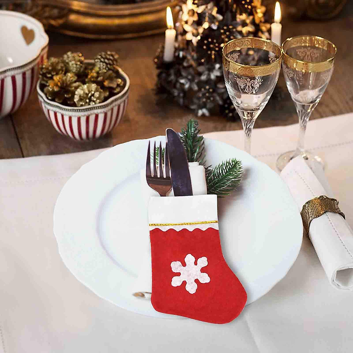 Jmkcoz 20 Pack Christmas Mini Stockings Sock Decoration Snowflake Tableware Holders, Red Felt Knife Spoon Fork Bag Candy Pouch Bag Plush Cuff Socking for Xmas Party Tree Dinner Table Home Ornaments