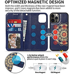 CASEOWL iPhone 12 Pro Max Case Wallet Magnetic Detachable [Support Magnetic Car Mount] with Card Holder,Hand Strap,Embossed Mandala Pattern Leather Lanyard Wallet Case[Navy Blue]